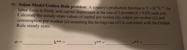 Solved 4) Solow Model Golden Rule problem: A country's | Chegg.com
