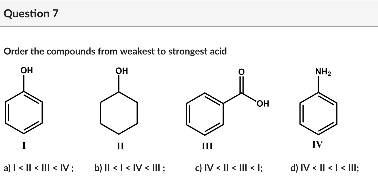 Solved Order the compounds from weakest to strongest acid a) | Chegg.com