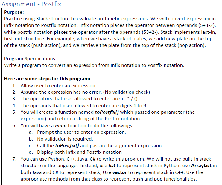Purpose: Practice using Stack structure to evaluate | Chegg.com