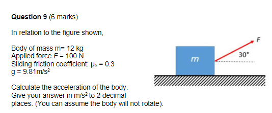 Solved Body of mass m=12 kg Applied force F=100 N Sliding | Chegg.com