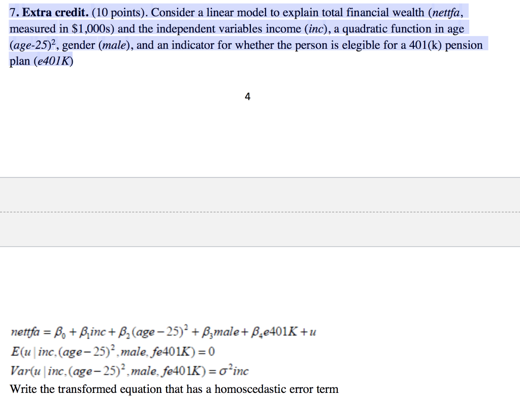 Solved 7. Extra credit. (10 points). Consider a linear model | Chegg.com