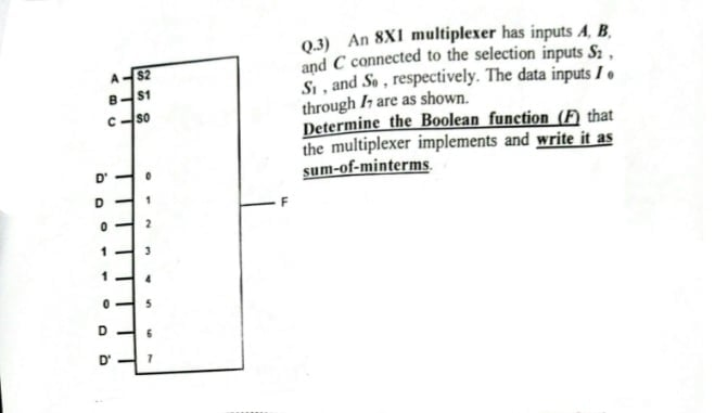 Solved A S2 BS1 Q.3) An 8X1 multiplexer has inputs A, B, and | Chegg.com