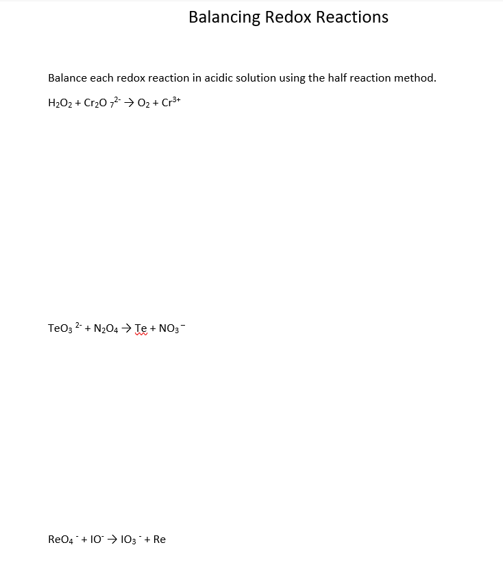 Solved Balancing Redox Reactions Balance each redox reaction | Chegg.com