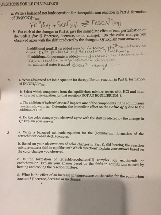 Solved Uestions For Le Chateliers A Write A Balanced Net 