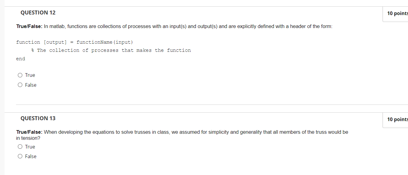 Solved QUESTION 12 10 points True/False: In matlab, | Chegg.com