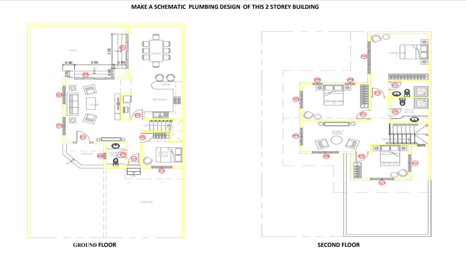 MAKE A SCHEMATIC PLUMBING DESIGN OF THIS 2 STOREY | Chegg.com