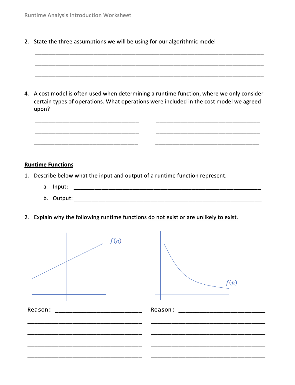 Solved Runtime Analysis Introduction Worksheet 2 State The 