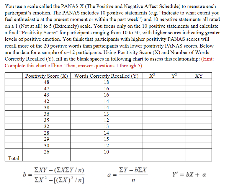 Solved You use a scale called the PANAS X (The Positive and | Chegg.com