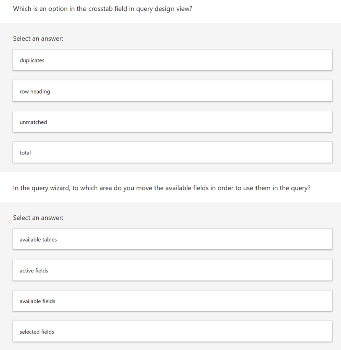 Solved Which is an option in the crosstab field in query | Chegg.com