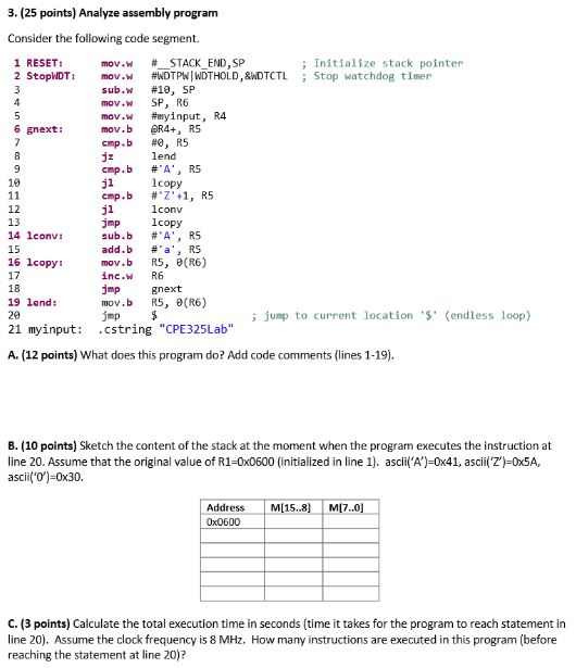 3. (25 points) Analyze assembly program Consider the | Chegg.com