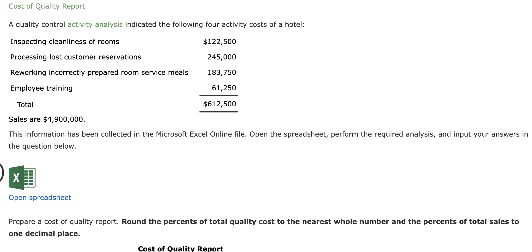 Solved Cost of Quality Report A quality control activity | Chegg.com