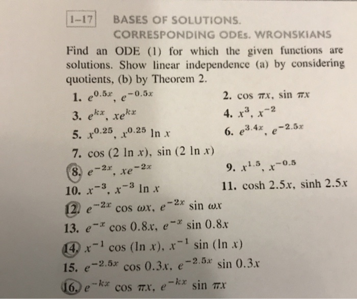 Solved 1-17 BASES OF SOLUTIONS. CORRESPONDING ODES | Chegg.com