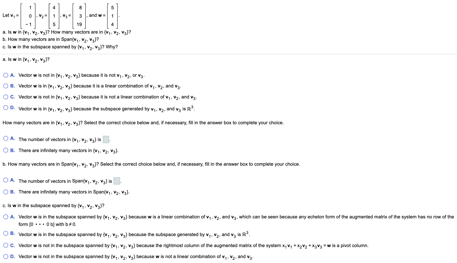 Solved 4 8 5 1 - 1 4 1 Let V,= 0 V = V3 = 3 and w= 1 5 19 a. | Chegg.com