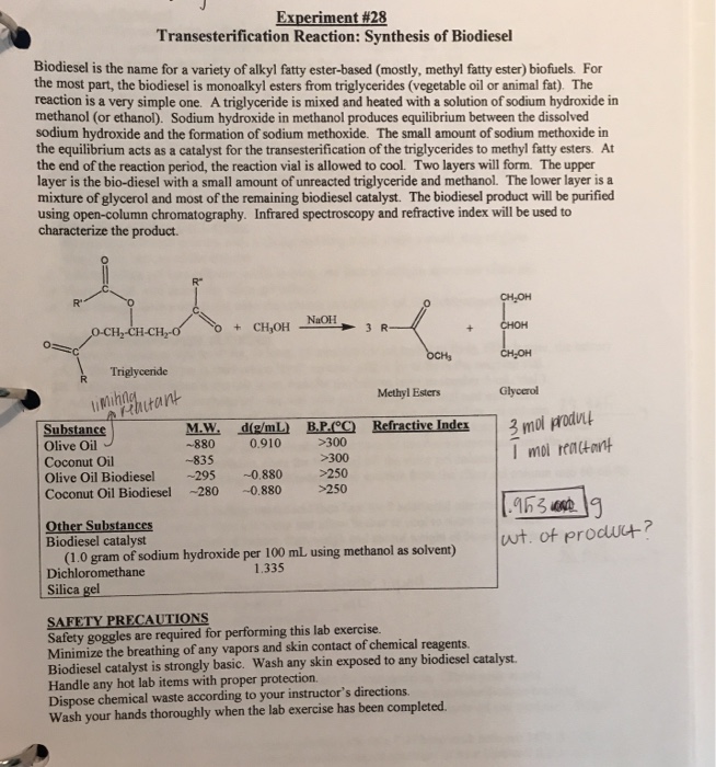 Solved Transesterification Reaction: Synthesis of Biodiesel | Chegg.com