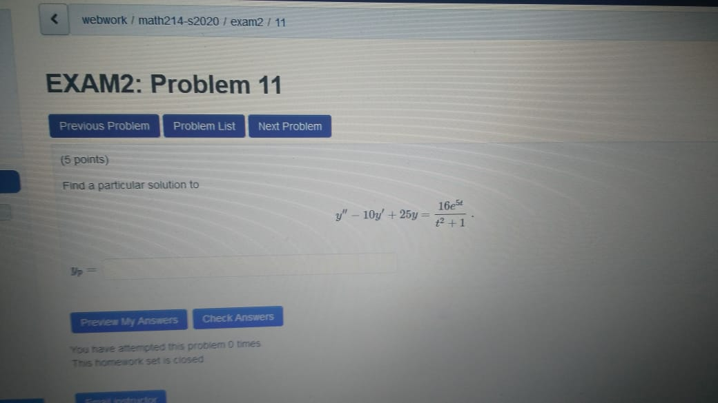 Solved webwork / math214-2020 / exam2 / 11 EXAM2: Problem 11 | Chegg.com