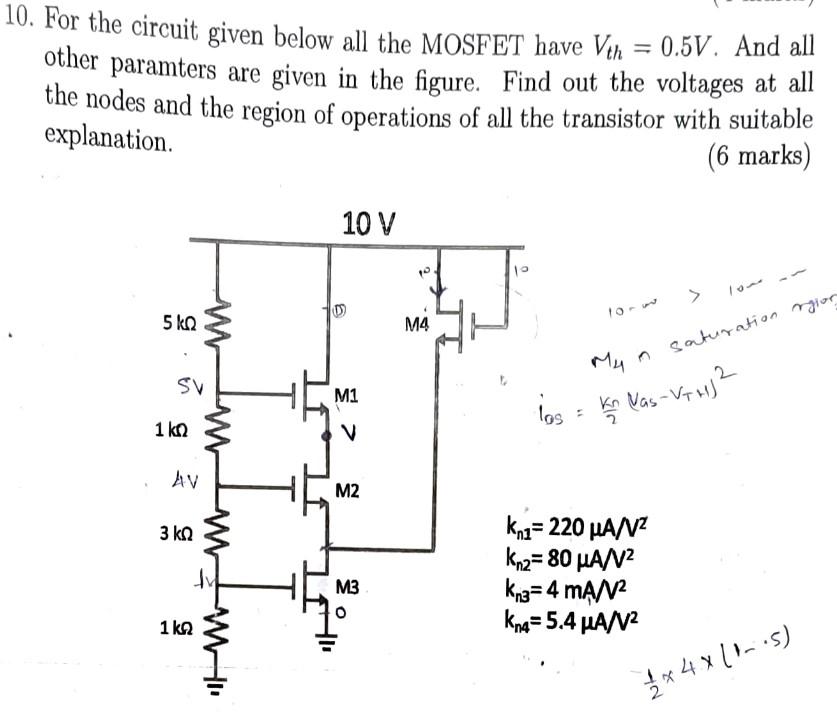 Solved 10. For the circuit given below all the MOSFET have | Chegg.com