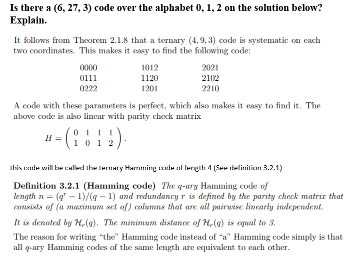 Is there a (6, 27, 3) code over the alphabet 0, 1, 2 | Chegg.com
