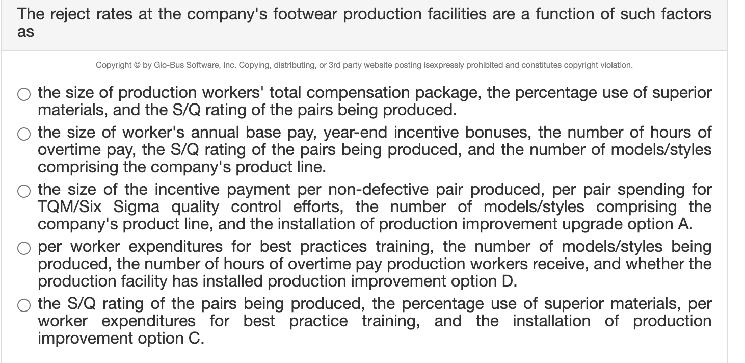 Solved The reject rates at the company's footwear production | Chegg.com