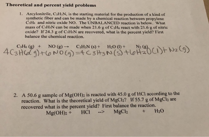 Solved Theoretical and percent yield problems Arcylonitrile, | Chegg.com