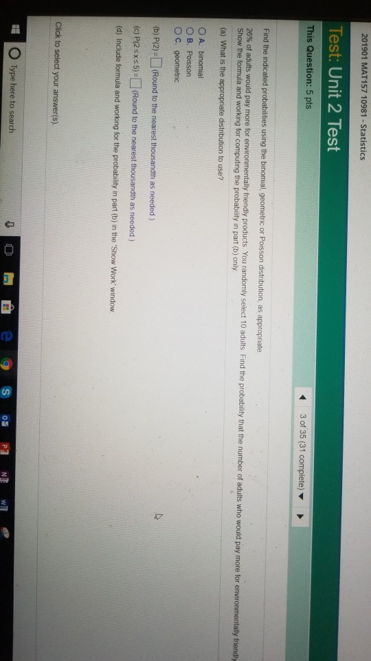 Solved 201901 MAT157 10981 Statistics Test: Unit 2 Test This | Chegg.com