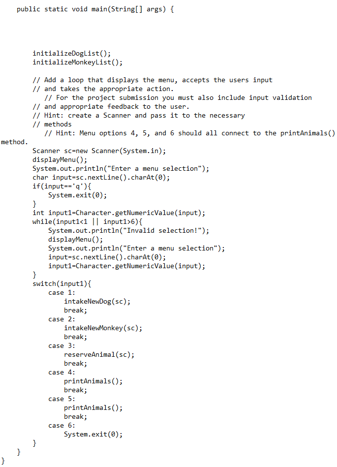 Complete reserveAnimal() and printAnimals() | Chegg.com
