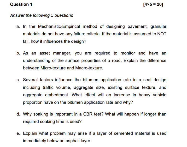 Solved Question 14×5=20Answer the following 5 ﻿questionsa. | Chegg.com