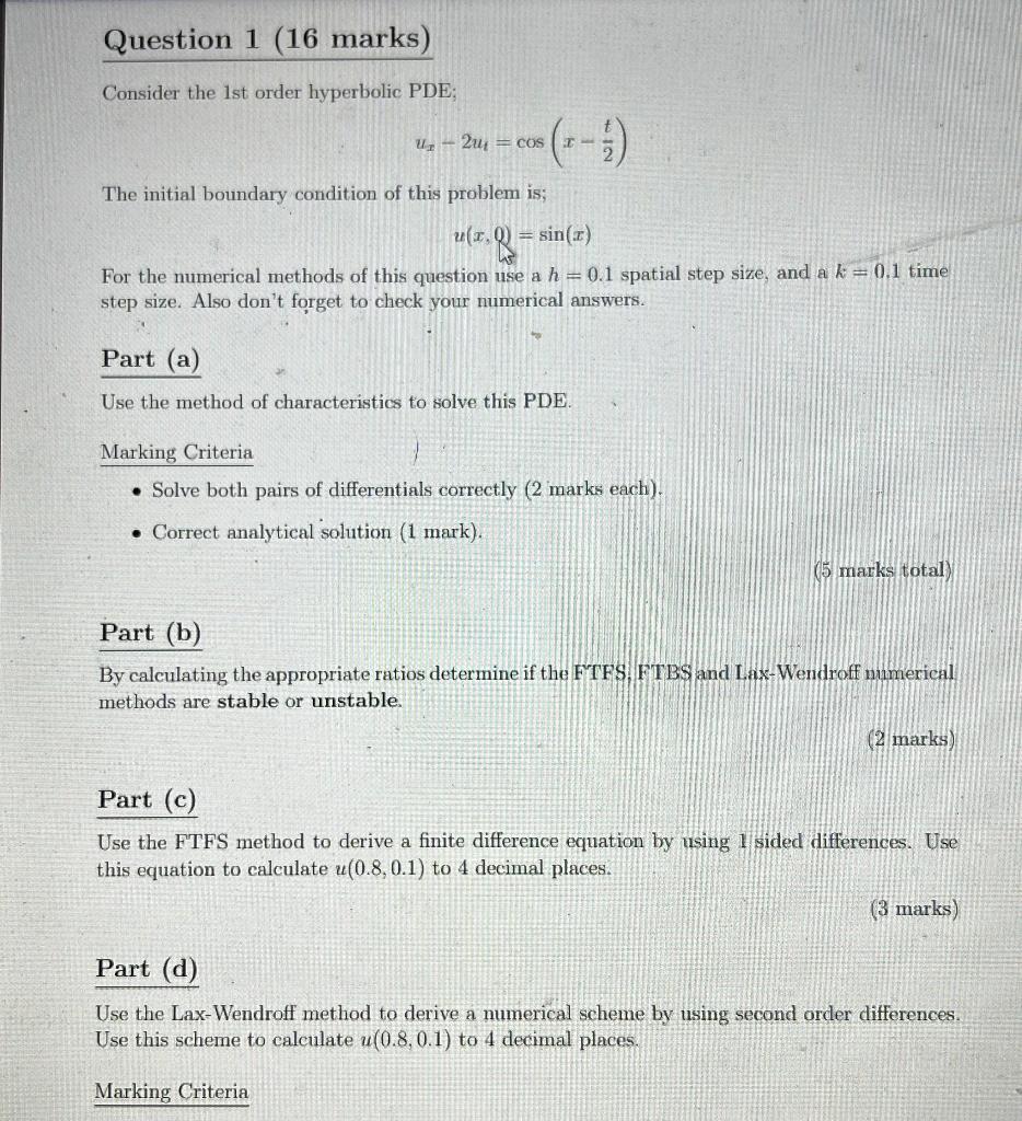 Consider the 1st order hyperbolic PDE; | Chegg.com