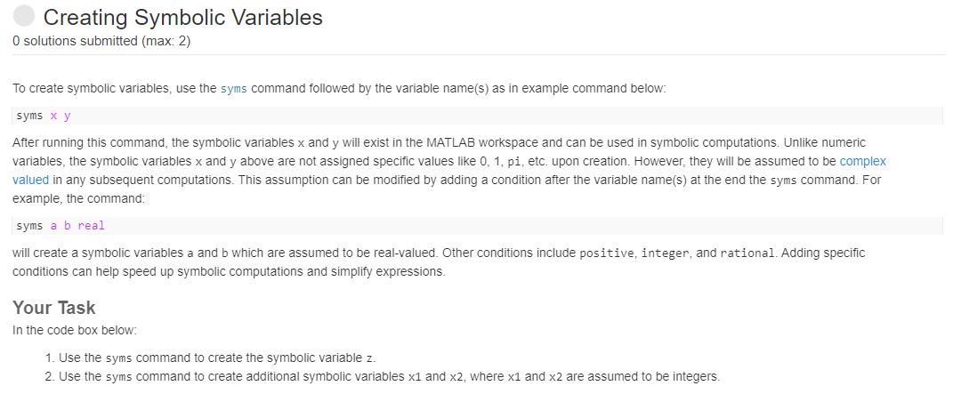 Solved Creating Symbolic Variables O Solutions Submitted