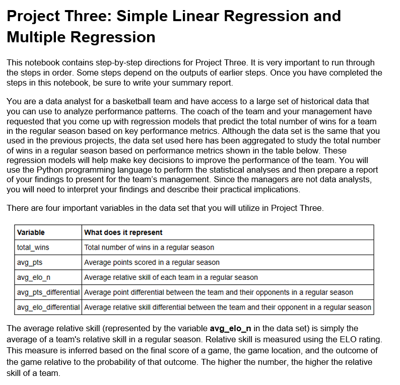 Solved Project Three: Simple Linear Regression and Multiple | Chegg.com