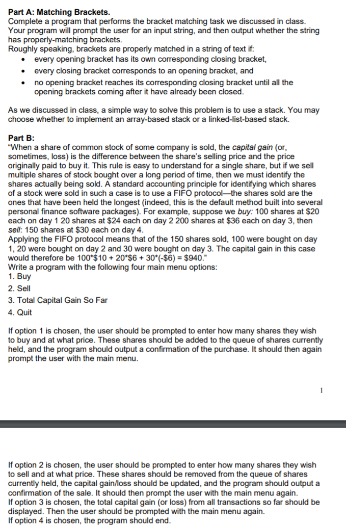 Solved Part A: Matching Brackets. Complete a program that | Chegg.com
