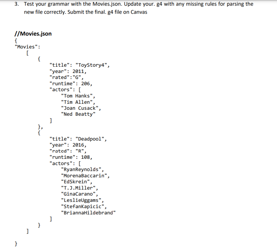3. Test your grammar with the Movies.json. Update | Chegg.com