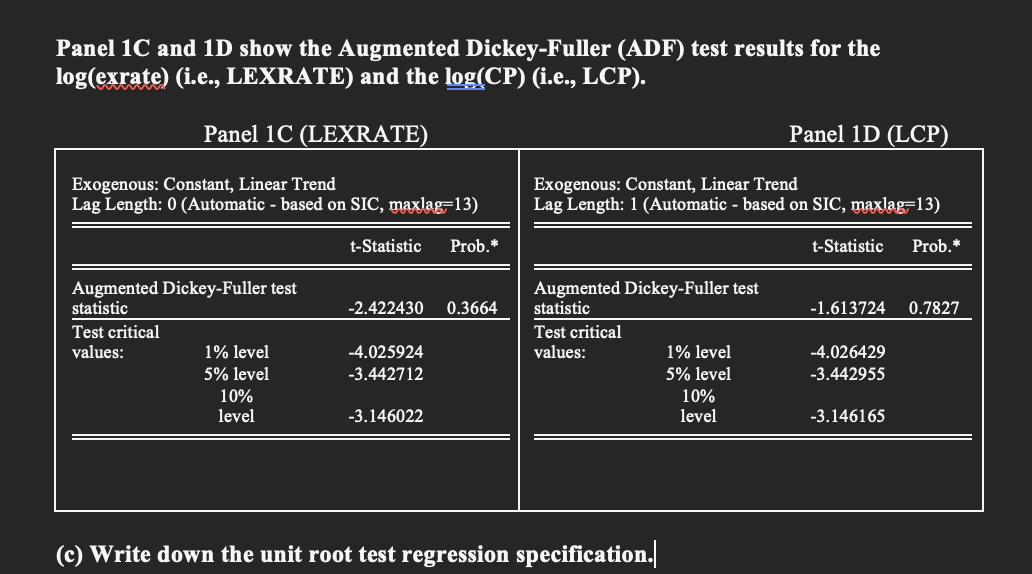 Solved Panel 1C and 1D show the Augmented Dickey-Fuller | Chegg.com