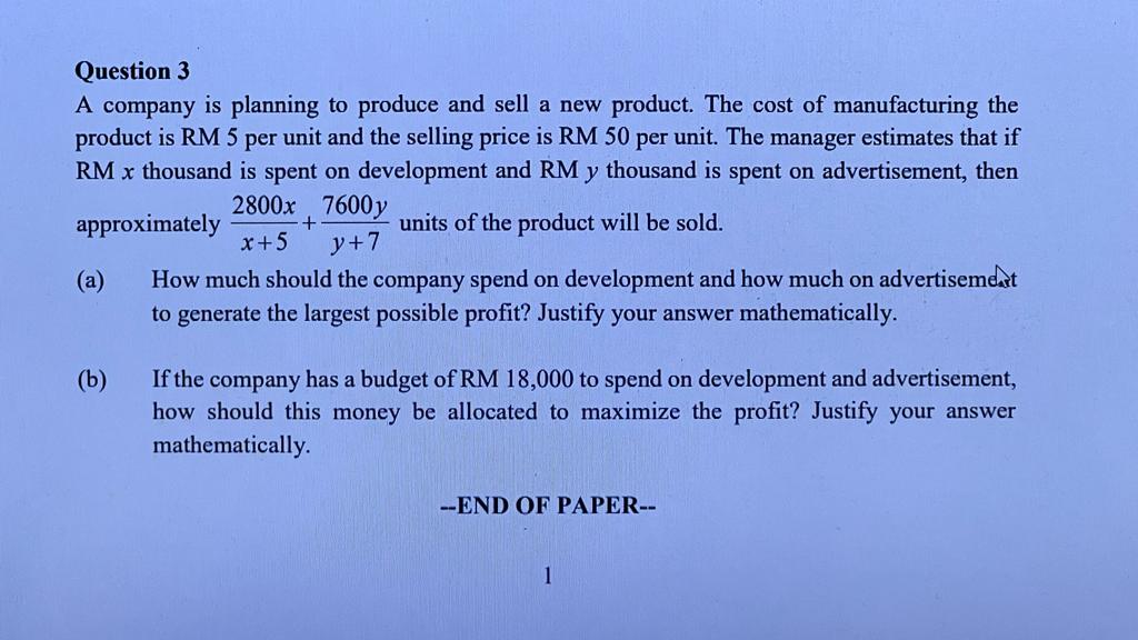 Solved Question 3 A company is planning to produce and sell | Chegg.com