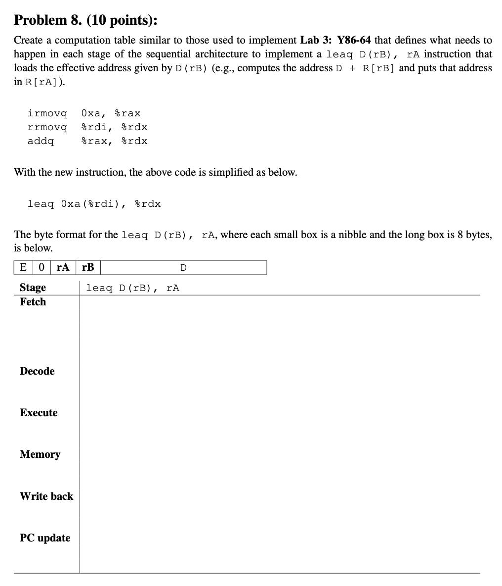 Solved Problem 8. (10 points): Create a computation table | Chegg.com