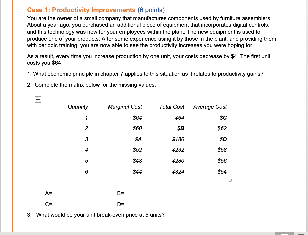 Solved Case 1: Productivity Improvements (6 points) You are | Chegg.com