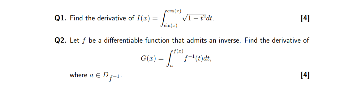 Solved Find the derivative of I(x)=∫sin(x)cos(x)1−t2dt Let f | Chegg.com