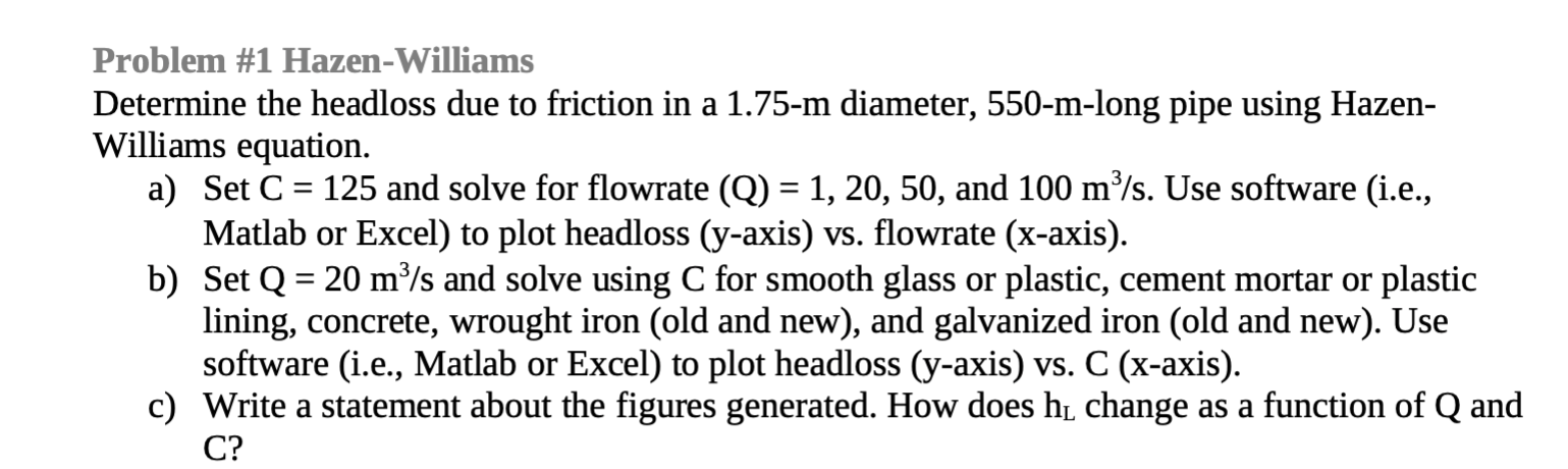 Solved а = Problem #1 Hazen-Williams Determine the headloss | Chegg.com