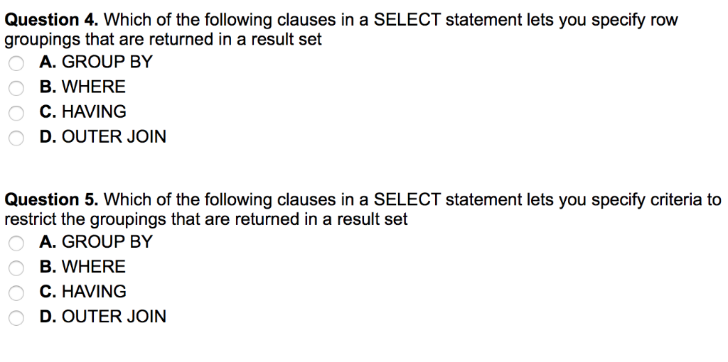 Solved Question 1. Which of the following clauses in a | Chegg.com