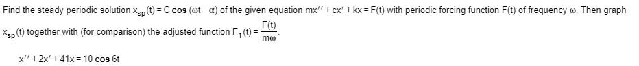 Solved Find the steady periodic solution xsp(t) C cos (at-a) | Chegg.com