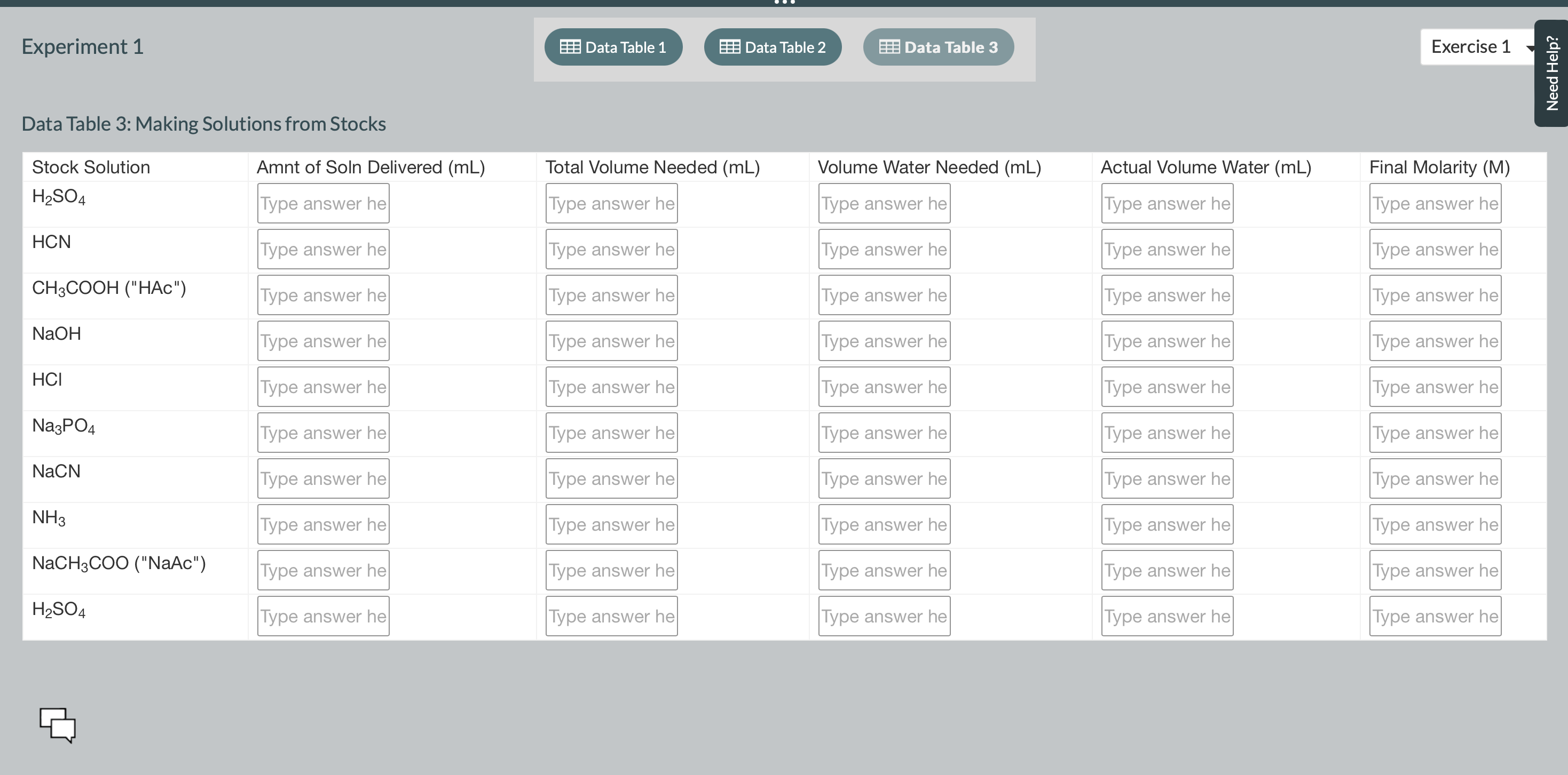 Experiment 1Exercise 1Data Table 3: Making Solutions | Chegg.com Experiment 1Exercise 1Data Table 3: Making Solutions | Chegg.com