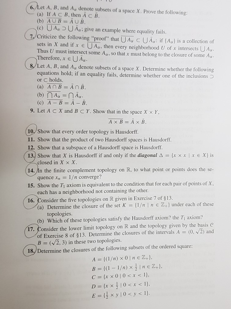 Solved 6./ Let A, B, and Αα denote subsets of a space X. | Chegg.com