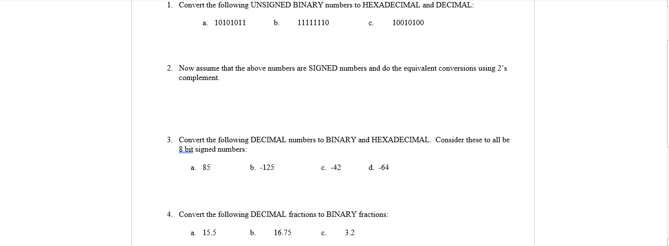 Solved 1. Convert the following UNSIGNED BINARY numbers to | Chegg.com