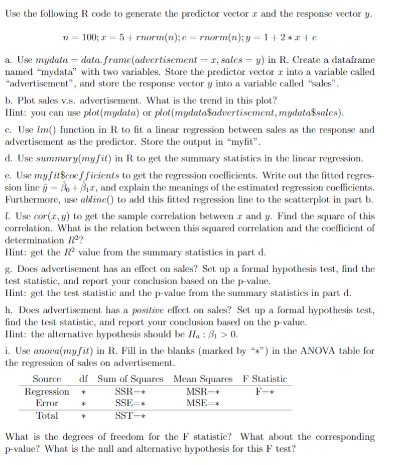 Solved Use the following R code to generate the predictor | Chegg.com