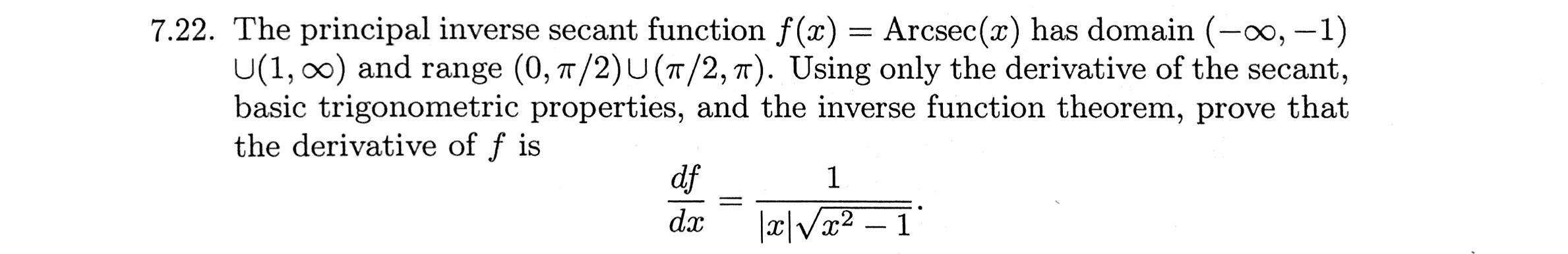 Solved 2 7.22. The principal inverse secant function f(x) = | Chegg.com