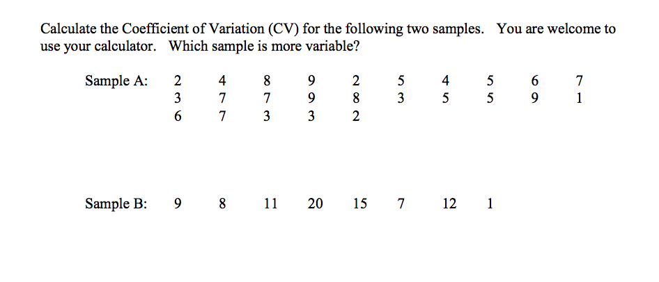 Solved Calculate the Coefficient of Variation (CV) for the | Chegg.com