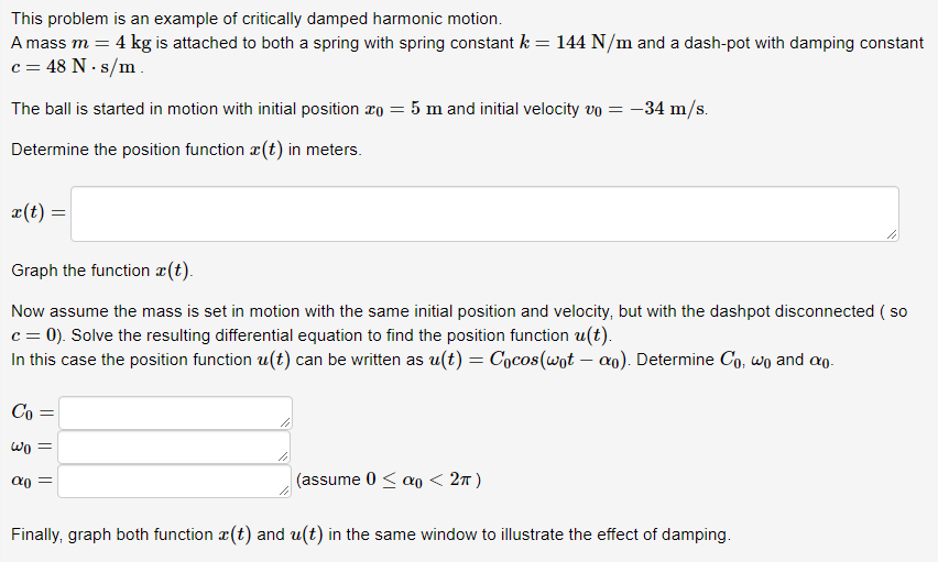 Solved This problem is an example of critically damped | Chegg.com