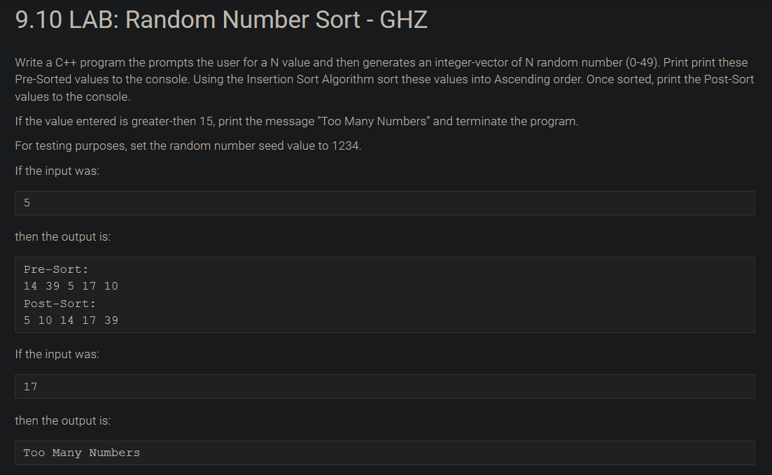 Solved 9.10 LAB: Random Number Sort - GHZ Write a C++ | Chegg.com