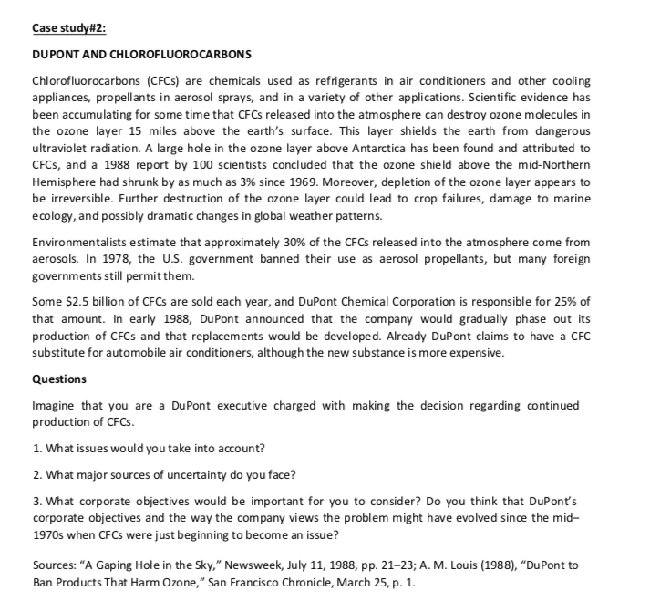 Solved Case study#2: DUPONT AND CHLOROFLUOROCARBONS | Chegg.com