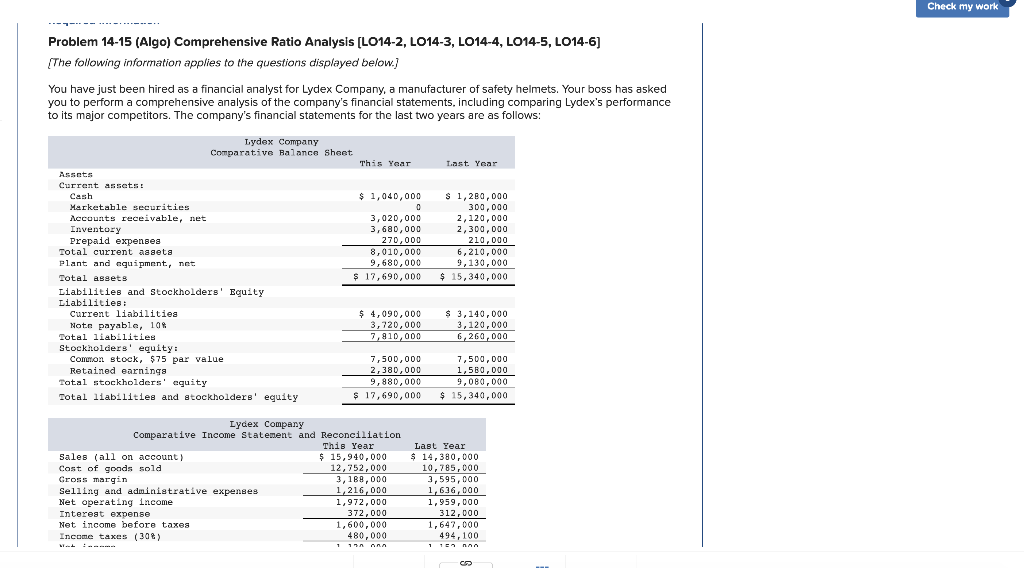 Solved Check my work Problem 14-15 (Algo) Comprehensive | Chegg.com