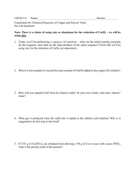 CHEM 111 Name: Section: Experiment 46: Chemical | Chegg.com
